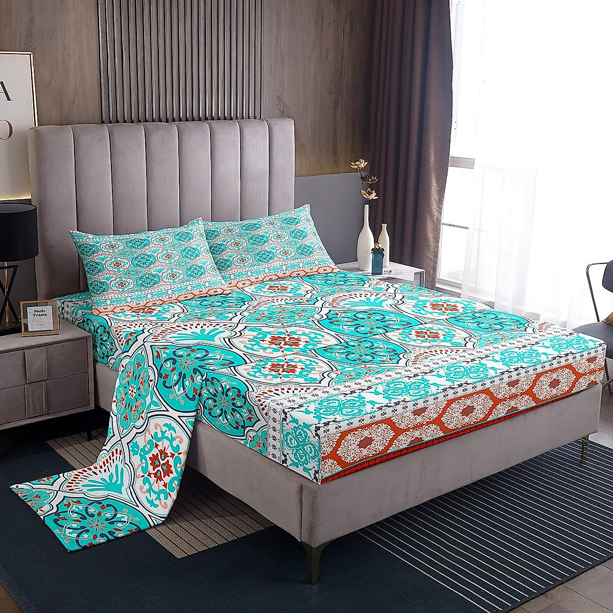 Feelyou Aqua Bed Sheet Set Lattice Boho Sheets Set Queen Size for Girls Women Teens College Bohemian Bedding Set Exotic Floral Tribal Bed Sheets with Deep Pocket Fitted Sheet Room Decor Bed Set