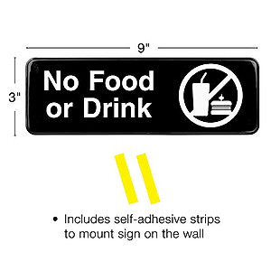 Excello Global Products No Food or Drink Sign: Easy to Mount Informative Plastic Sign with Symbols 9” x 3”, Pack of 3 (Black)