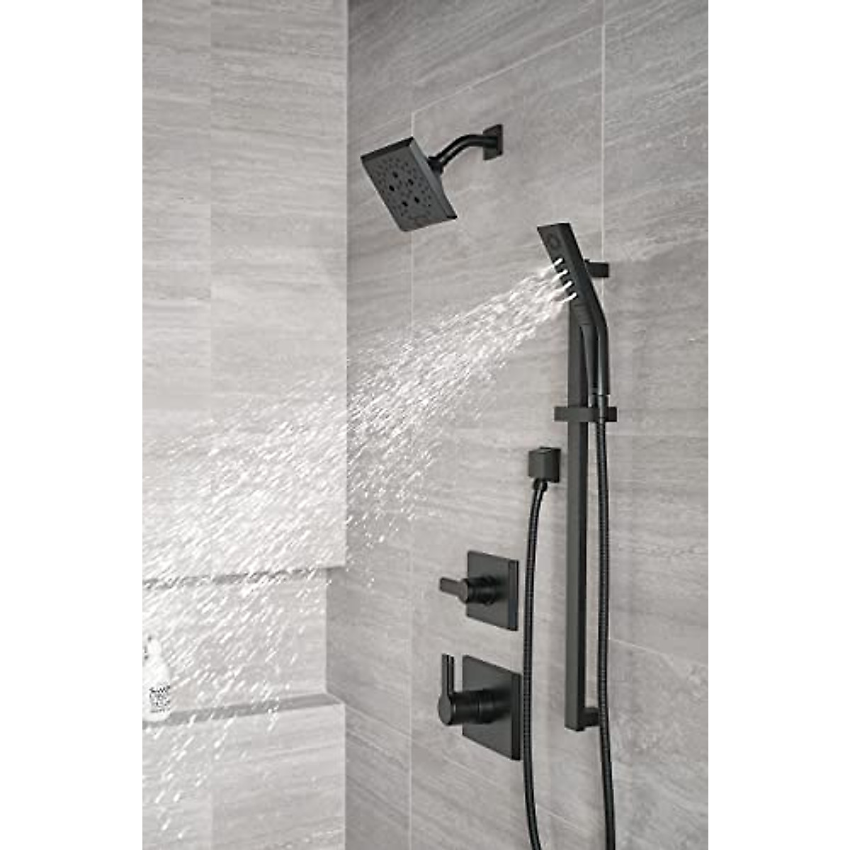 Delta Faucet Pivotal 3-Setting Matte Black Shower System Including Black Shower Head, Slide Bar Handheld Shower, Shower Handle, Shower Diverter and Shower Valve Kit, Delta Shower Trim Kit, Matte Black
