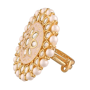 I Jewels Gold Plated Indian Wedding Bollywood Peach Enamel/Meena Work Moti Ring Glided with Uncut Polki Kundans for Women/ (FL166Pe)