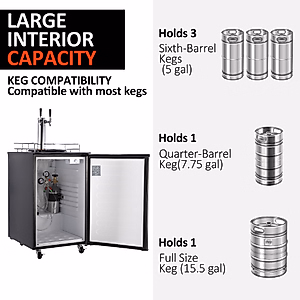 Garvee Beer Kegerator, Dual Tap Draft Beer Dispenser, Full Size Stainless Steel Keg Refrigerator With Drip Tray, CO2 Cylinder, 32°F- 50°F Temperature Control, 170L