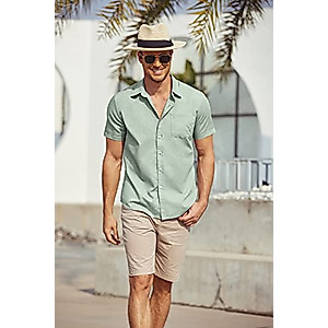 JINIDU Men Linen Shirts Short Sleeve Button Down Shirt Athletic Fit Dress Shirts Light Green