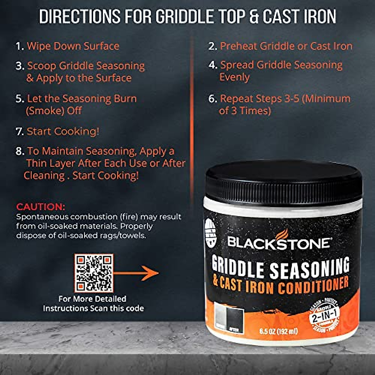 Blackstone 2-IN-1 Griddle & Cast Iron Seasoning Conditioner 6.5 OZ– Effective Seasoning Rub Formula – Food Safe – Easy to Use Cleaner & Conditioner – with Satisfying Customers Travel Tissue (1Pack)