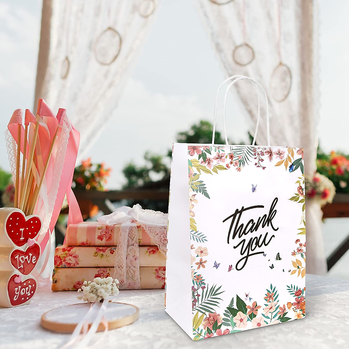 60 Pack Thank You Gift Bags with Handles 8" X 4" X 10" Floral Thank You Paper Bags Party Favor Bags Shopping Bags for Business Boutique Gifts Wedding