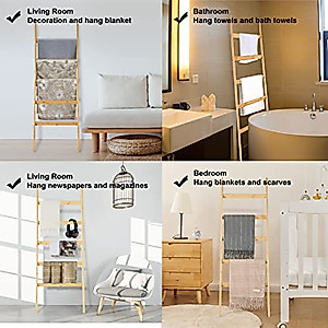 Haorui Bamboo Blanket Ladder 5-Tier Towel Ladder Shelf Towel Racks for Bathroom Wall Leaning Blanket Ladders for Living Room, Bedroom