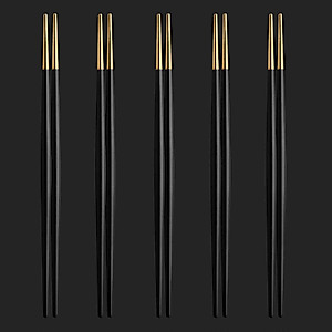 Chanjiso Creative Metal Chopsticks,5 Pairs 304 Stainless Steel Japanese Pointed Sushi Tableware Non Slip Chopsticks Gift… (Five black gold heads)