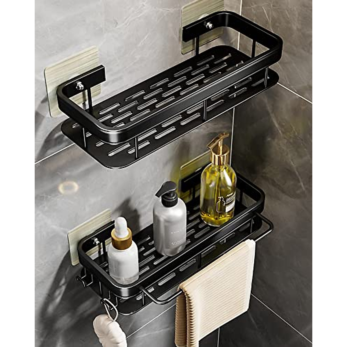 SPNDOB Shower Caddy, Adhesive Shower Shelves with Hooks No Drilling Rustproof & Waterproof Wall Mounted Bathroom Shower Organizer,Black.[2 Pack]