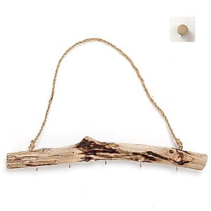 Logs for Decoration Natural Driftwood Decorative Branches Home Wall Hanging Decor Jewelry Organizers with 5 Hooks (15 Inch)