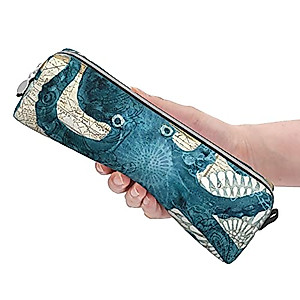 Ykklima Leather Pencil Case - Blue Octopus Nautical Map Pattern, Stationery Bag Pen Organizer Makeup Cosmetic Holder Pouch for School Work Office College