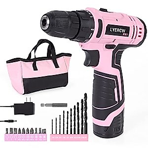 LYERCW 12V Cordless Drill, Pink Electric Drill Driver Set with 21Pcs Driver/Drill Bits, 25+1 Torque Setting, 3/8" Keyless Chuck, 2 Variable Speed, LED Light, Storage Bag