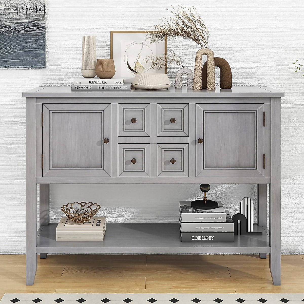 Harper & Bright Designs Buffet Table Kitchen Storage Buffet and Sideboard Console Tables with Four Storage Drawers Two Cabinets and Bottom (Antique Grey)