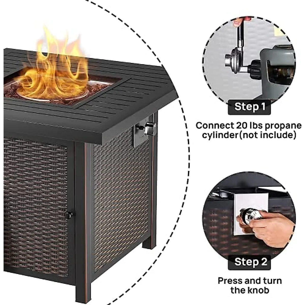 GAOAG Propane Fire Pit Table, 28" Gas Fire Pit,50,000 BTU Auto-Ignition,Outdoor Rattan Square Fire Table with Lid,ETL Certification Summer Table, Winter Pit for Outside Patio, Garden, Backyard