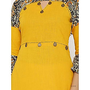 Yash Gallery Women's Plus Size Cotton Blend Kalamkari Print A-Line Kurtis (Mustard Yellow)