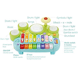 Fisca 3 in 1 Musical Instruments Toys, Electronic Piano Keyboard Xylophone Drum Set - Learning Toys with Lights for Baby & Toddler 1 2 3 Year Old Boys and Girls