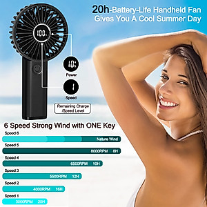 Portable Handheld Mini Travel Fan Rechargeable, Small Neck Lanyard Electric Fan Battery Operated for Women, Foldable Desk Cooling Fans with LED Screen 6000mAh Power Bank and USB Cable - Black
