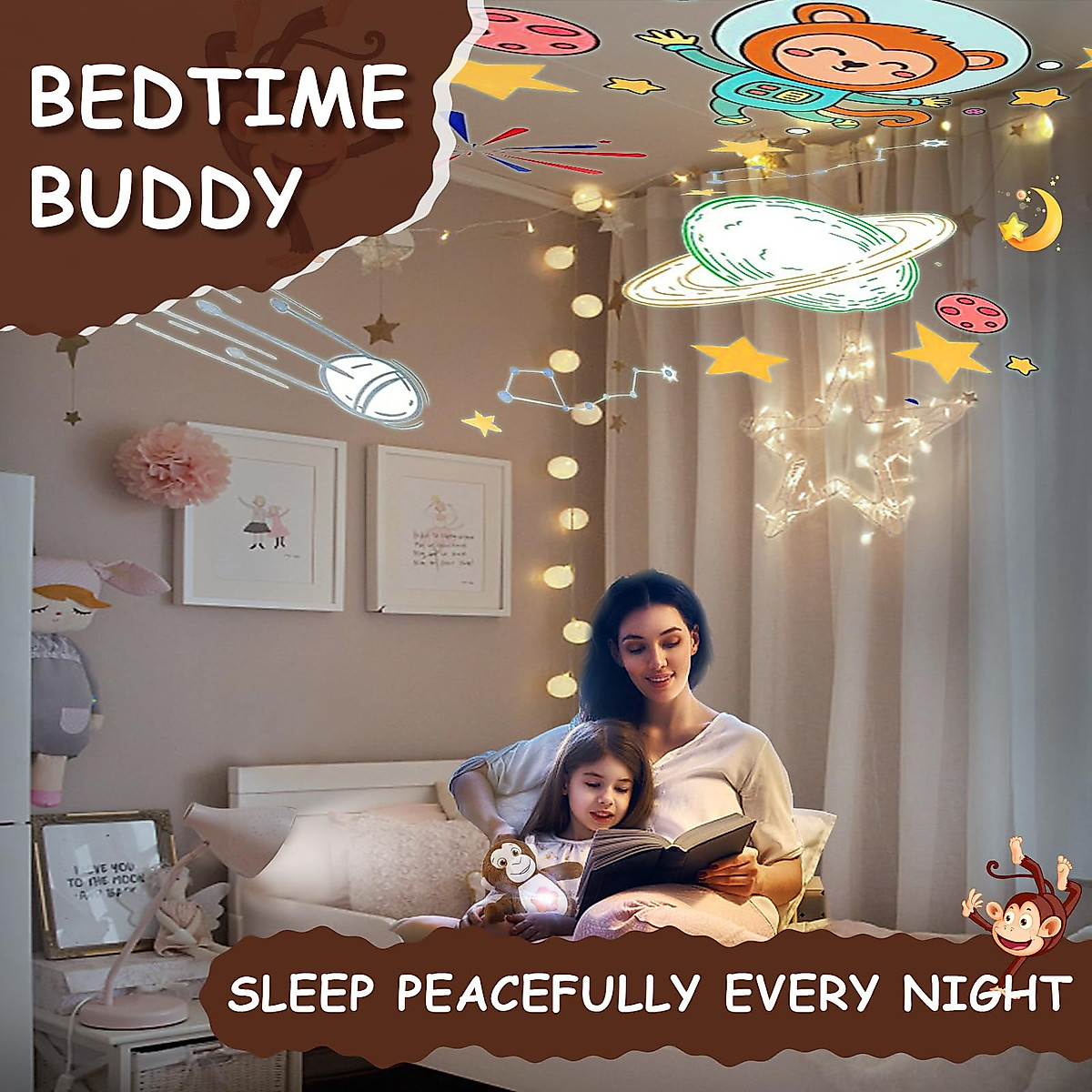 DIILSWX Monkey Stuffed Animals with Dynamic Star Projection Lamp: Rechargeable Night Light for Kids Bedroom, Soft & Huggable Plush Toy, Cute Bedtime Buddy for Toddler, Boys, Girls (Galaxy) - 10.5''