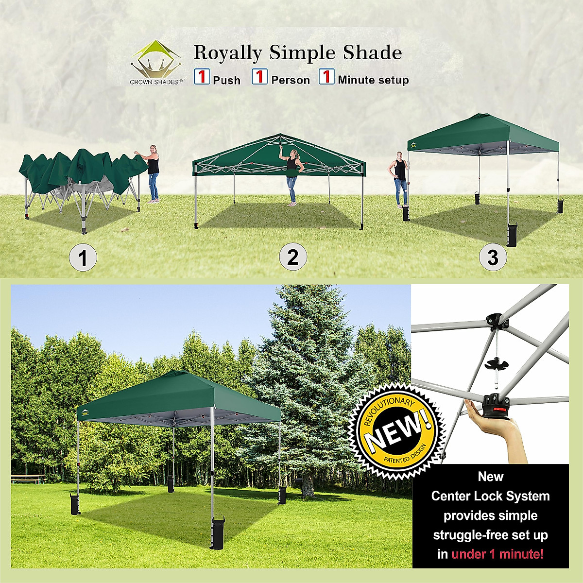 CROWN SHADES Canopy Tent, 10 x 10 Foot Portable Pop Up Outdoor Shelter with Easy 1 Push Center Lock, UV Protection, and Carry Bag, Forest Green