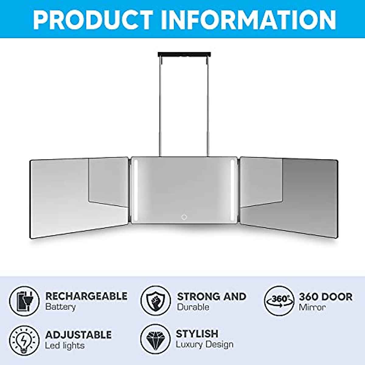 SZHSTC 3 Way Mirror for Hair Cutting with Lights, 360 Trifold Mirror for Self Haircuts for Men Barber Use Hair Cutting Tools to See Back of Head with Adjustable Portable Hooks