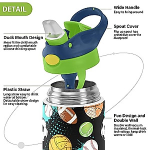 GOODOLD Sports Ball Kids Water Bottle, Insulated Stainless Steel Water Bottles with Straw Lid, 12 oz BPA-Free Leakproof Duck Mouth Thermos for Boys Girls