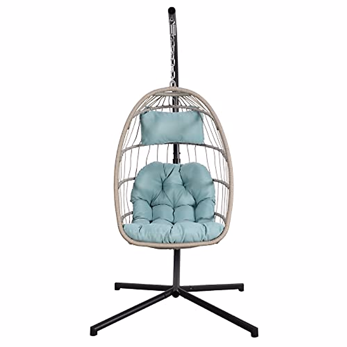 Patiorama Indoor Outdoor Egg Swing Chair with Stand, Patio Beige Wicker Rattan Hanging Chair with Rope Back, Cushion,Cover,All Weather Foldable Hammock Chair for Bedroom, Garden (Tiffany Blue)