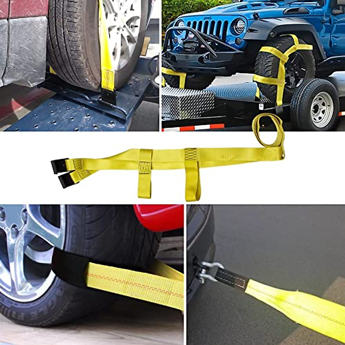 Bang4buck 2 Pieces Tow Dolly Straps, Universal Adjustable Tie Down Tow Straps 15" to 20" Rim Size Fits for Demco Kar Kaddy Dollys with 2 Flat Hooks (5" to 20" Rim Tow Strap_Yellow)