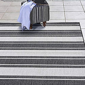 Gertmenian Indoor Outdoor Area Rug, Classic Flatweave, Washable, Stain & UV Resistant Carpet, Deck, Patio, Poolside & Mudroom, 5x7 Ft Standard, Stripes, Black White, 37706