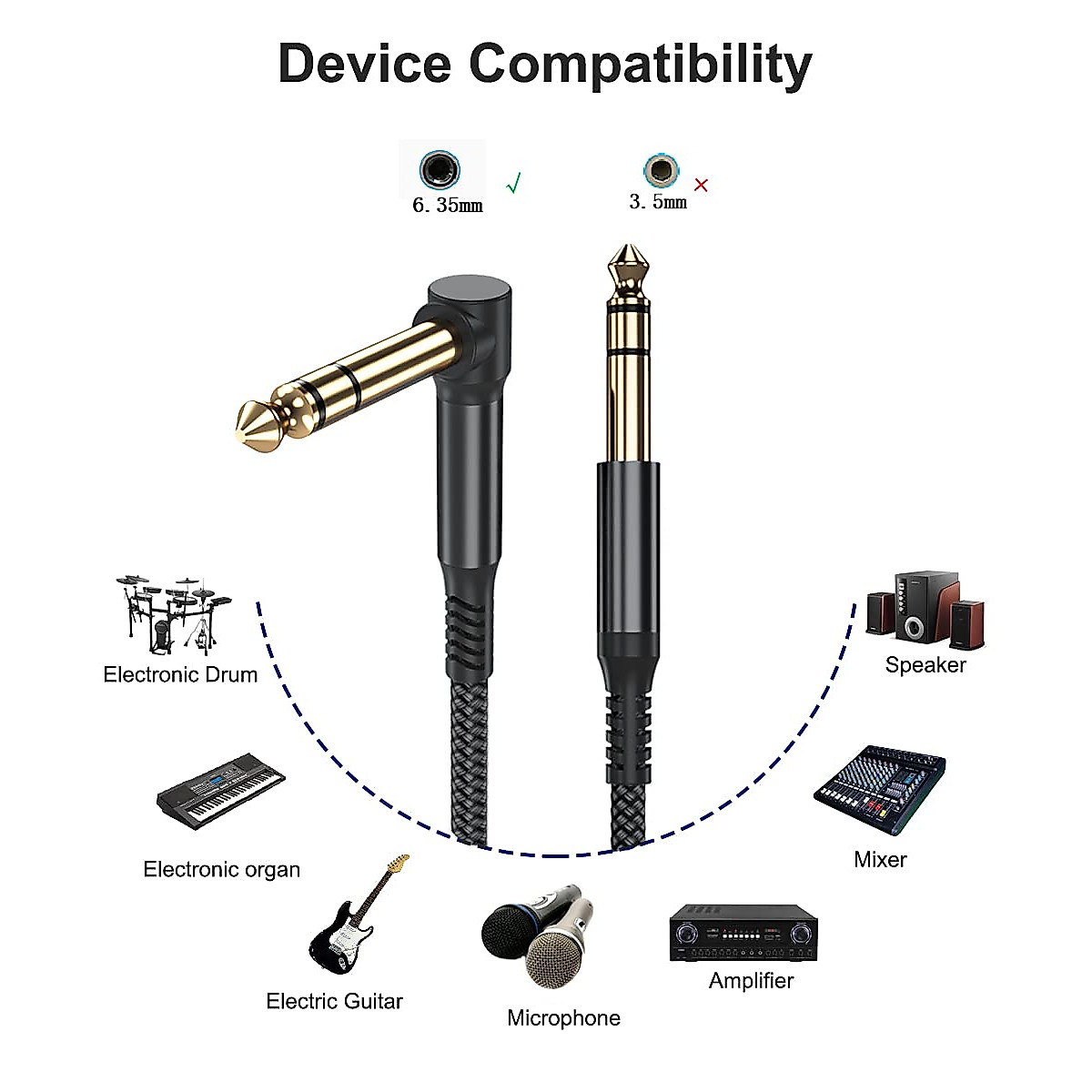 Elebase 1/4 Inch TRS Instrument Cable 20ft 2-Pack,Right-Angled to Straight 6.35mm Male Jack Stereo Audio Cord,6.35 Balanced Interconnect Line for Electric Guitar,Bass,Keyboard,Mixer,Amplifier,Speaker