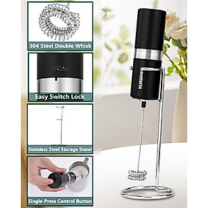 KURSINNA Powerful Milk Frother Handheld Battery Operated, Double Whisk Foam Frother Maker with Stainless Steel Stand, Drink Mixer For Coffee, Lattes, Matcha, Cappuccino (13000RPM Battery Operated)