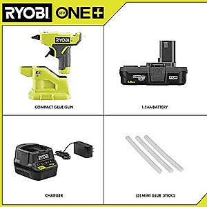 Techtronics Ryobi ONE+ 18V Cordless Compact Glue Gun Kit with 1.5 Ah Compact Lithium-Ion Battery and 18V Charger