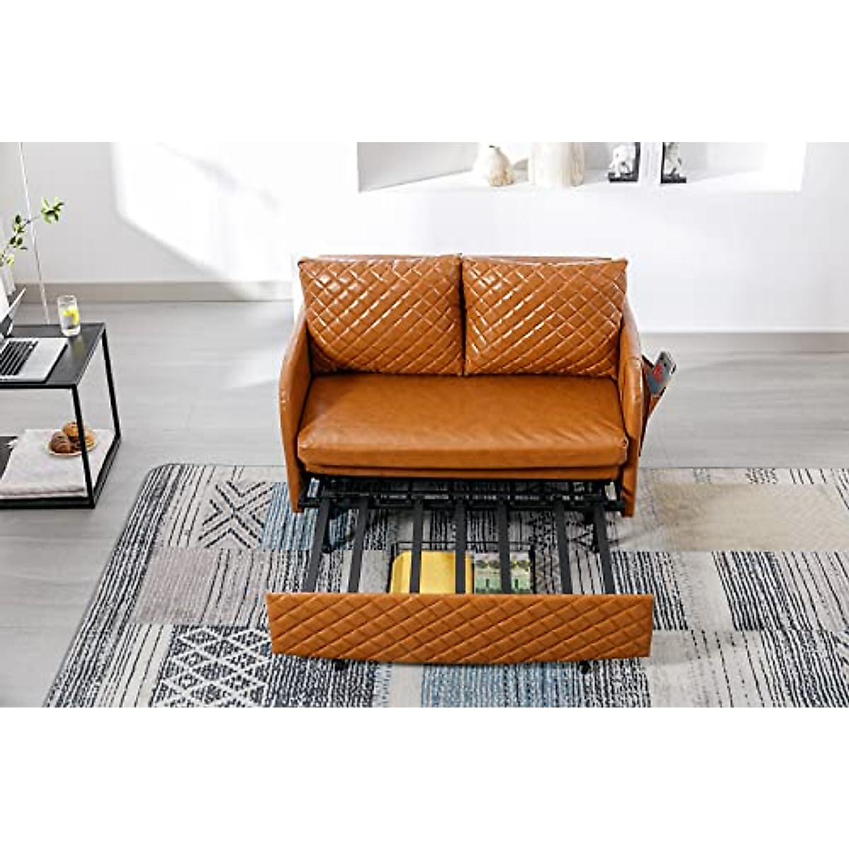 VKKILPEE Modern Pull Out Sofa Bed Convertible Couch Bed PU Sofa Sleeper with 2 Pillows & Side Pockets Small Full Bed Loveseat Futon Couch Sleeper with Headboard, Easy Assembly, Brown