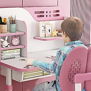 Small Desk, Standing Desk, Desk Chair Set, Height Adjustable Children School Study Table Chair Set with Astronaut Pattern, Ergonomic Desk Chair with Large Writing Board, Bookshelf and Drawer (Pink)