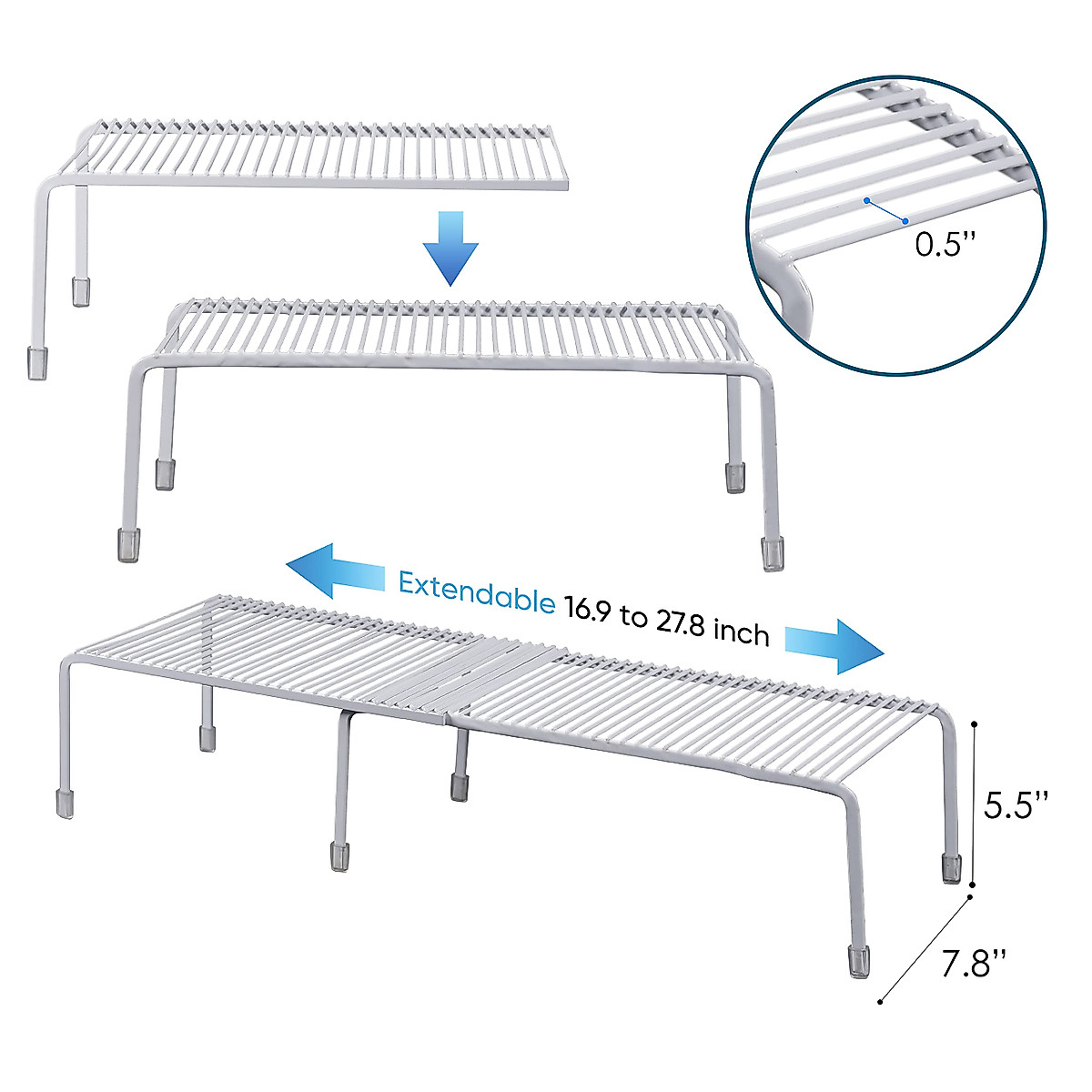 WIRESPIRIT - Expandable Shelf Organizer (2 Pieces) for Countertop, Cupboard, Cabinet, Pantry - Adjustable Kitchen Organization Shelf Rack - White