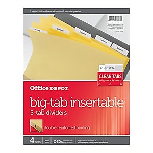 Office Depot Insertable Dividers with Big Tabs, Buff, Clear Tabs, 5-Tab, Pack of 4 Sets, 14775