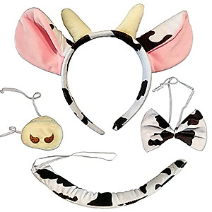 JIALWEN Animal Costume 4 Pieces Set Cow Ears Headband Nose Bowtie and Tail Party Cosplay Halloween Dress Up Accessories