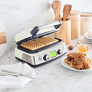 GreenPan Elite 2-Square Belgian & Classic Waffle Iron, Healthy Ceramic Nonstick Aluminum Dishwasher Safe Plates, Adjustable Shade/Crunch Control, Wont Overflow, Easy Cleanup Breakfast, PFAS-Free,White