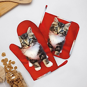 Cute Cat Printed Oven Mitts and Pot Holders Sets Heat Resistant Kitchen Oven Gloves Potholders Set Extra Long Non-Slip Silicone Gloves for Cooking Baking BBQ