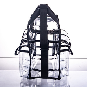 Wide Open Large Professional Clear PVC Travel Makeup Artist Set Bag Cosmetic Nails Beauty Bag Transparent Vinyl Tool Organizer Work Bag Beach Bag Diaper Bag with 6 External Pockets & Strap (Black)