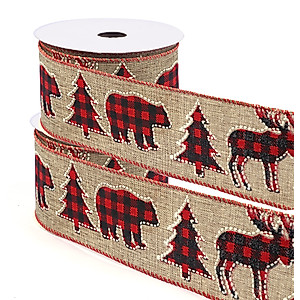 YYCRAFT 20 Yards Burlap Christmas Wired Edge Ribbons Red Plaid Reindeer Bear Trees Printed Ribbon for Christmas Home Wreath Craft Bow Wrapping Decoration