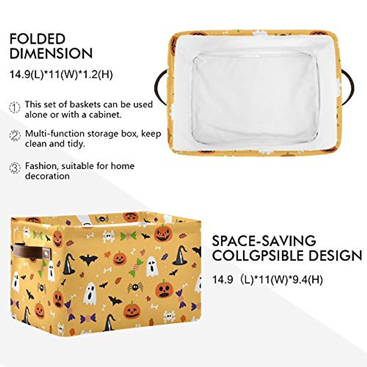 Qilmy Halloween Pumpkin Storage Basket Storage Bin Organizer Basket, Foldable Handmade Rectangular Storage Box with Handles - Large Organizer for Home, 15L x 11W x 9.5H in (1PC)