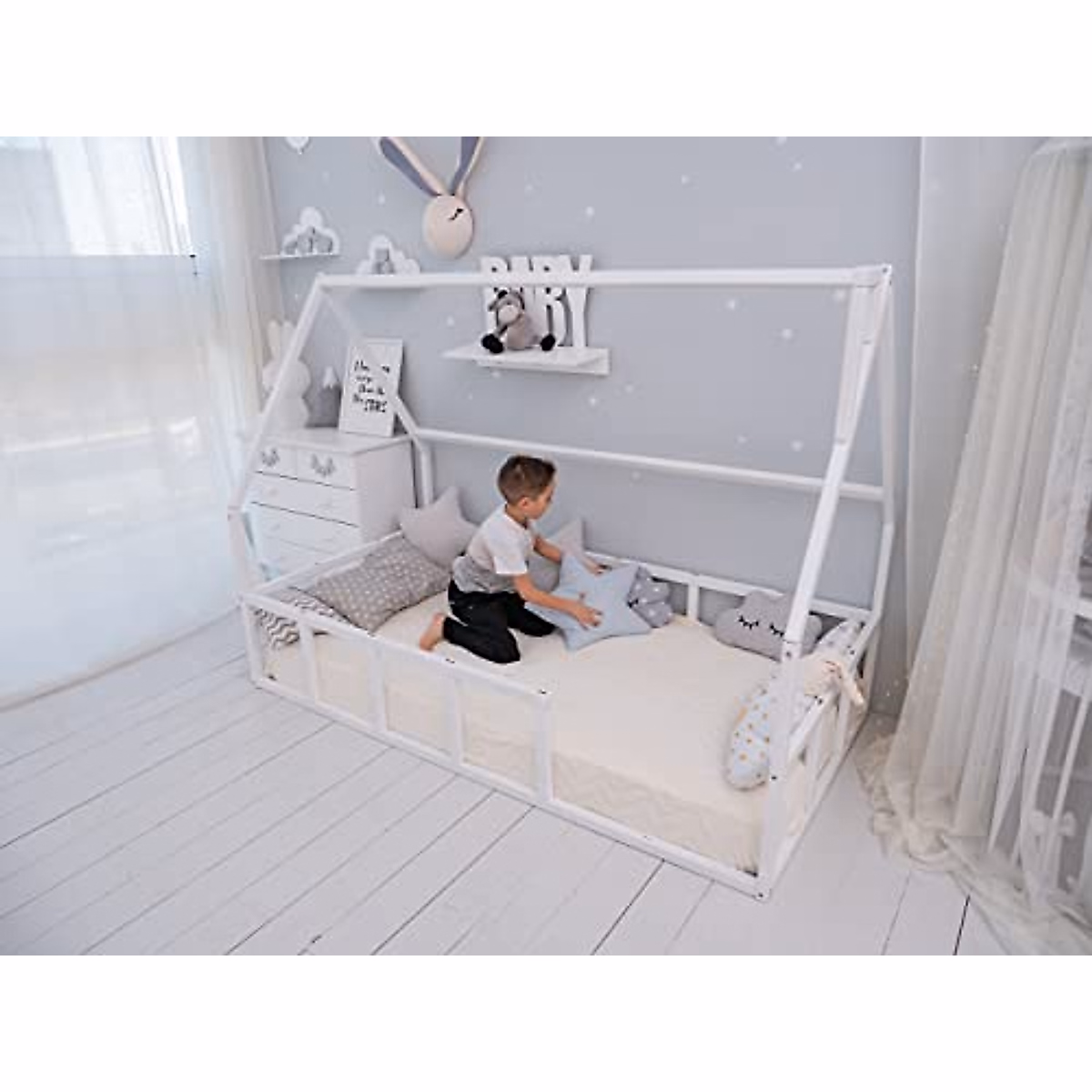 BUSYWOOD House Floor Bed For Kids - Montessori Bed for Toddlers - Wood Kids Bedroom Furniture - Cozy Toddler Bed with Rails - Twin Loft Beds for Kids (Model 1 Mini Floor with Fence, FOR SLEEPING ONLY)