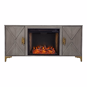 BOWERY HILL Modern Smart Fireplace with Media Storage in Gray Washed/Gold