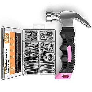 INCLY 620 PCS Small Nails for Hanging Pictures Assortment Kit with 8oz Pink Small Hammer, Mini Hammer Set with Hardware Nails Assorted Set 310 Wall Nails & 310 Finish Nails for Installing with Case