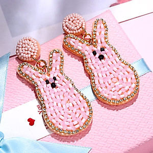 Easter Earrings Beaded Easter Bunny Earrings for Women Handmade Cute Rabbit Drop Dangle Earrings Spring Holiday Jewelry Gifts (Pink)