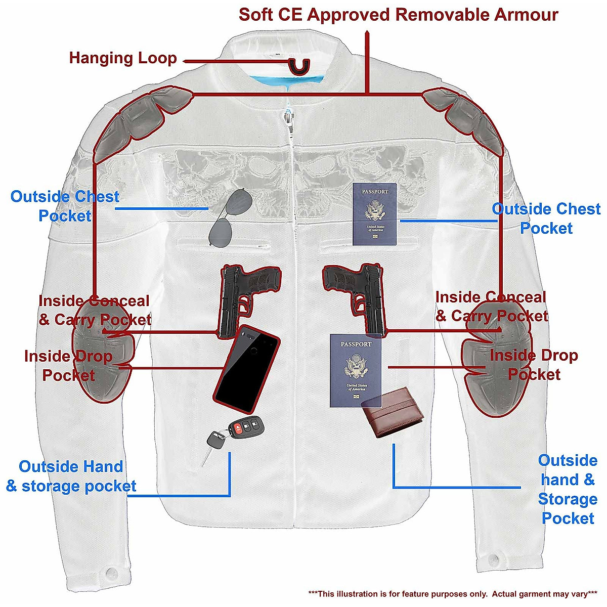 Milwaukee Leather MPM1730 Black Padded Textile Motorcycle Jacket for Men w/Reflective Skulls - All Season Motorcycle Jacket - X-Large