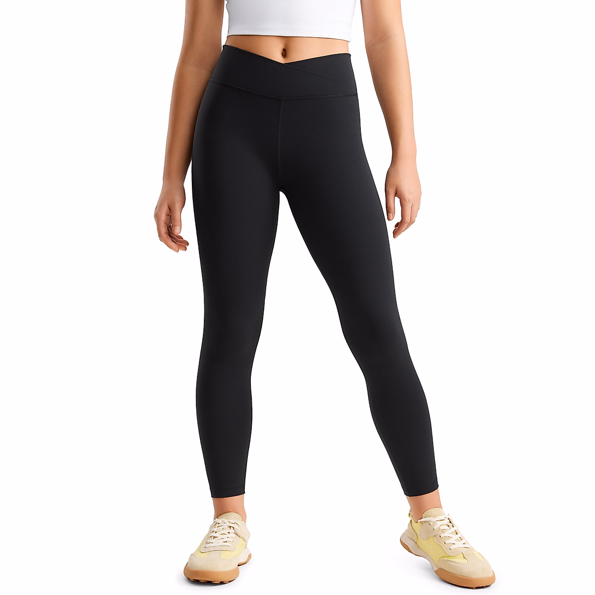 CRZ YOGA Girls Butterluxe Crossover Athletic Leggings - High Waist V Cross Kids Lounge Pants Yoga Active Dance Running Tights Black X-Large
