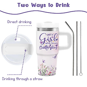 Butterfly Gifts for Women Girls, Purple Butterfly Tumbler with Handle and Straw for Kids 14oz, Stainless Steel Insulated Travel Mugs, Birthday Gifts for Girl, Just A Girls Who Lovers Butterflies