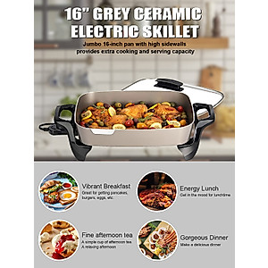 Ceramic Nonstick 16-inch Electric Skillets - Tempered Glass Cover with Stay Cool Handle, Esay Cleaning