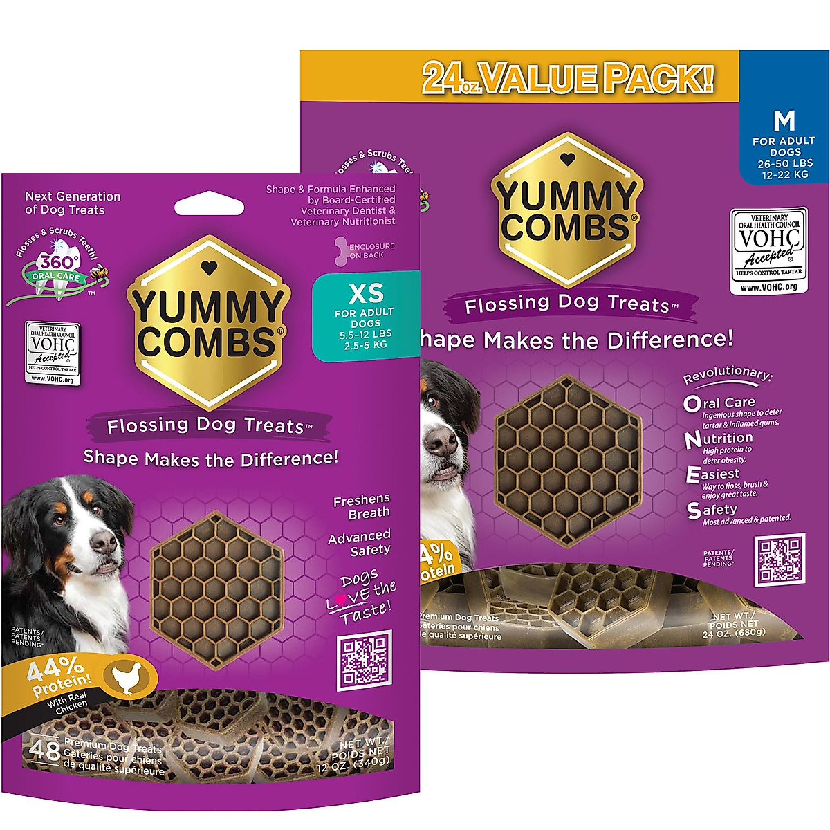 Yummy Combs - Dog Dental Treats | Removes Tartar - Vet VOHC Approved | A Yummy Treat for Teeth Cleaning - Chicken Protein | Extra Small 12oz and Medium 24oz