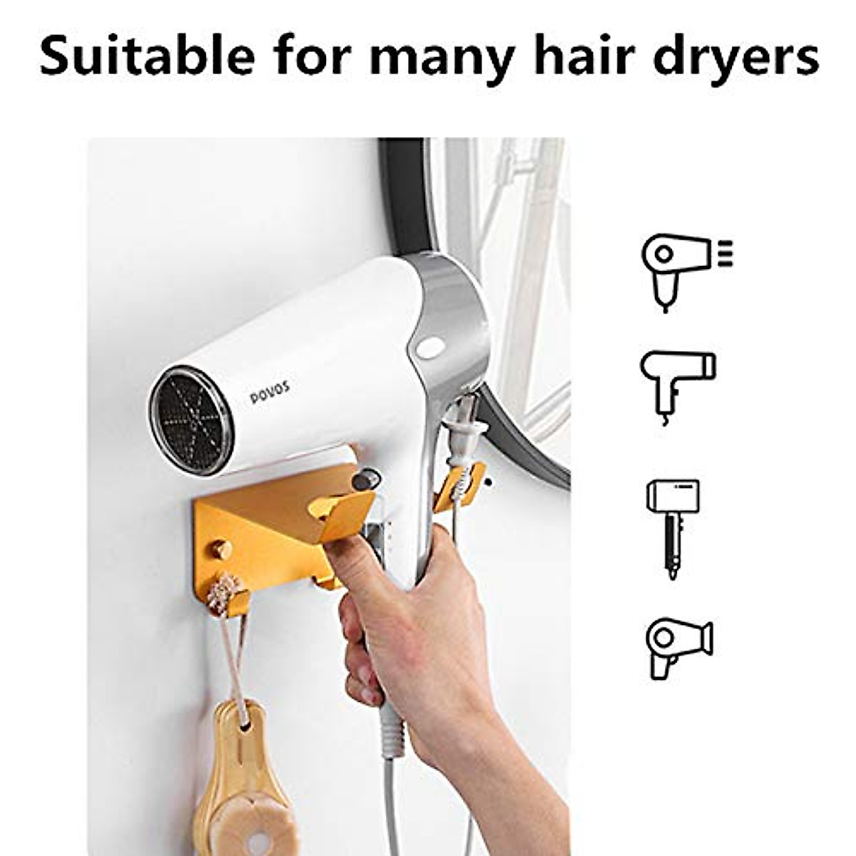 Yzger Hair Dryer Holder Hair Blow Dryer Rack Wall Mount Include Power Plug Hook Wall Punching Mounted Punching or Self-Adhesive Two Ways to Use and Fit for Most Hair Dryers (Gold)
