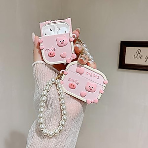 QIXIU for AirPods Pro Case Cover with Pearl Bracelet,Full Protective Silicone Skin Accessories for Women Girl,Kawaii Cute Piglet Wireless Charging Headset Accessories,Pink